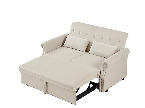 ERYE 3-in-1 Futon Daybed with Pull Out Sleeper Couch Bed, Loveseat Sofa Reclining Backrest Convertible Sleep Sofabed for Home RV Apartment Office Loft Living Room,Beige Velvet Twin Nailhead Decor