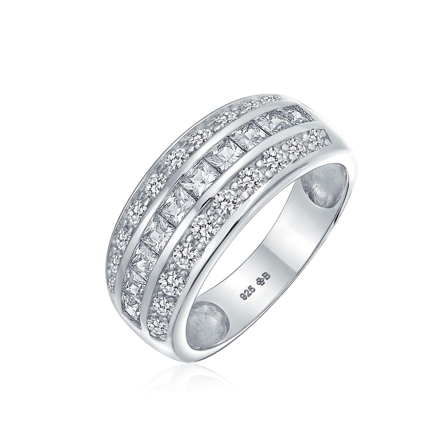 Bling Jewelry Art Deco AAA Cubic Zirconia Half Eternity Channel Set Princess Cut CZ Dome 3 Row Wide Statement Wedding Band Ring For Women .925 Sterling Silver Comfort Fit 8MM