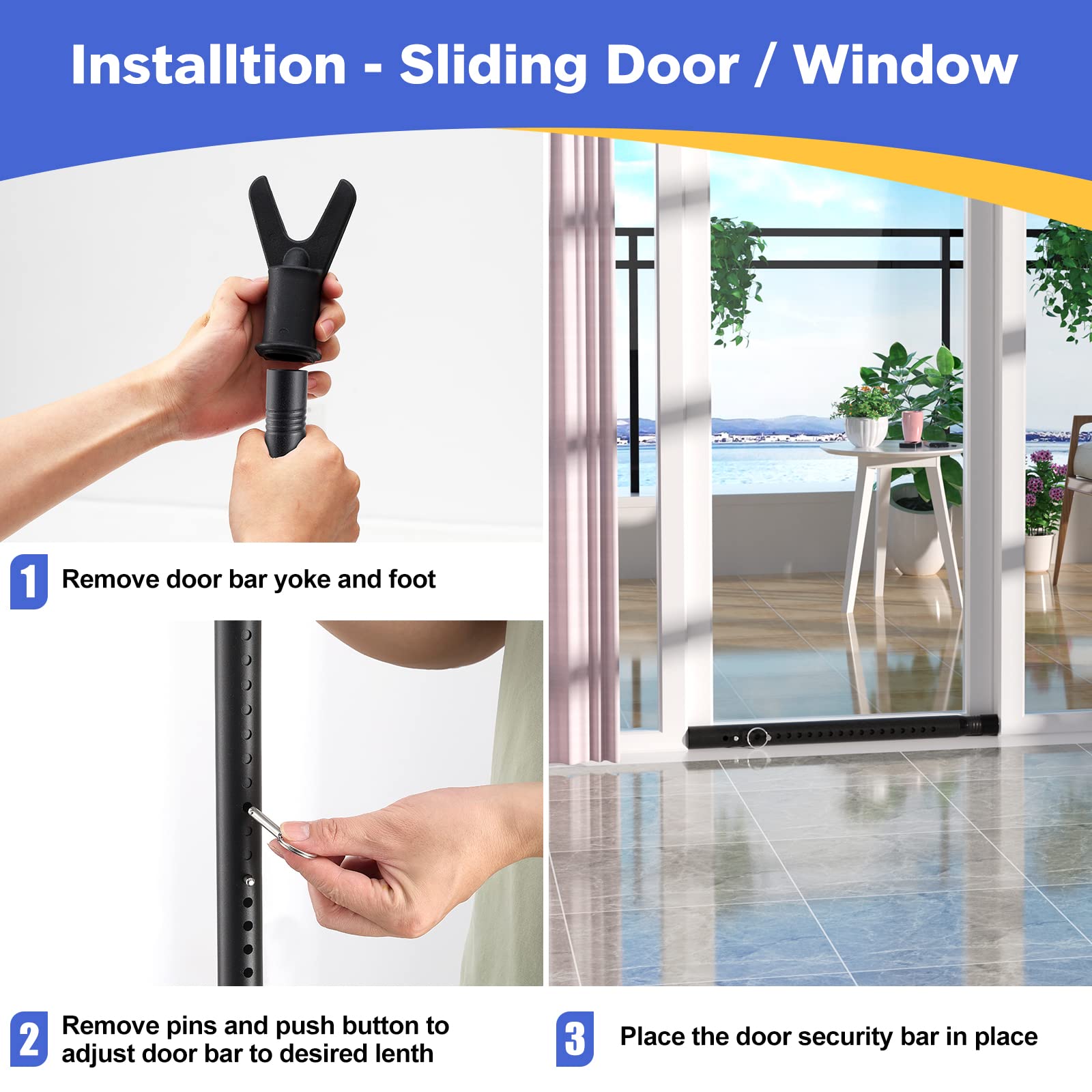 CALCHELE Door Security Bar & Sliding Patio Door Security Bar, Window Security Bar Door Stoppers Heavy Duty Security Door Jammer Bar, Adjustable Security Bar for Front Door, Apartment, Hotel Room Black