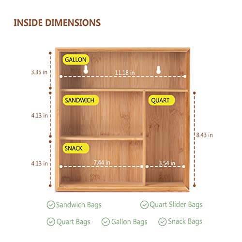 Empaxum Bamboo Ziplock Bag Storage Organizer for Kitchen Drawer Baggie Organizer Dispenser with Lids for Drawer Food Storage Bag Organizer for Gallon, Quart, Sandwich and Snack Bags