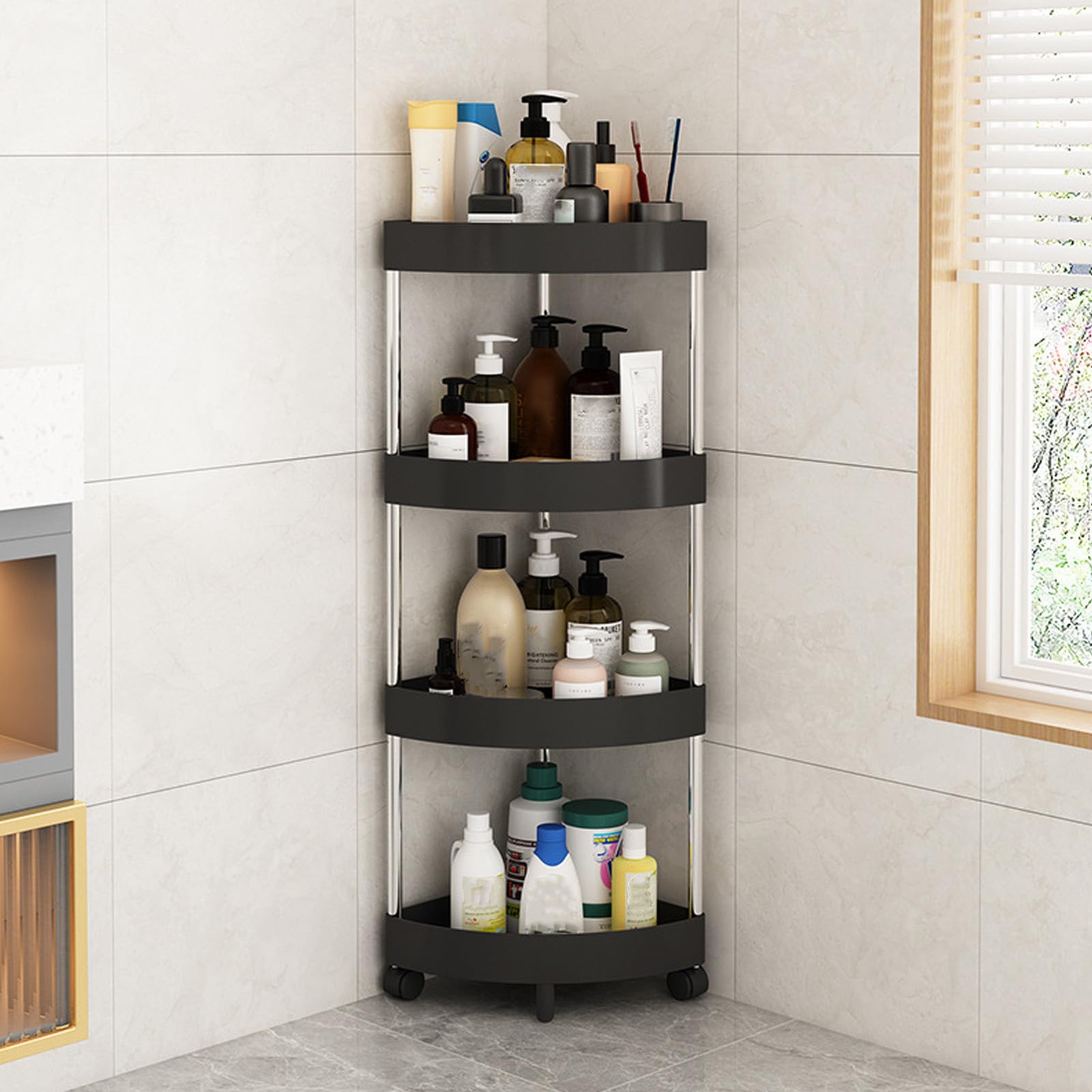 Corner Storage Shelf Bathroom, Corner Shower Caddy Organizer, 4 Tiers Movable Storage Rack with Detachable Rolling Wheels, Large Capacity Space Saving Corner Organizer, Hollow-Out Drainage Hole Design