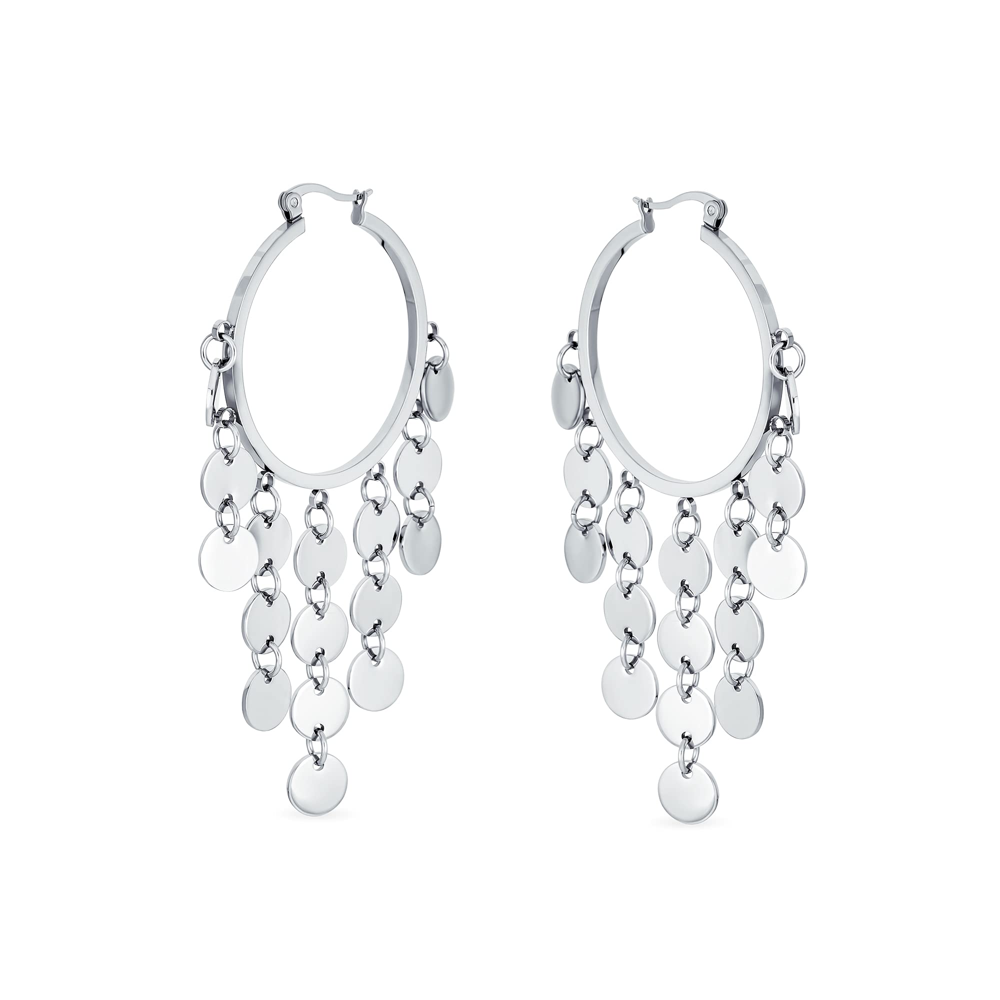 Bohemian Sequin Coin Disc Dangle Chandelier Round Hoop Chandelier Earrings For Women Silver Tone Stainless Steel 3Inch