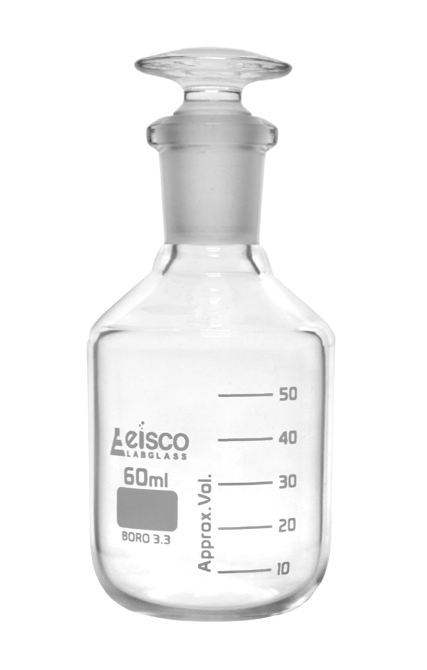 EISCO Reagent Bottle, 60mL - Graduated - Narrow Mouth with Solid Glass Stopper - Borosilicate Glass