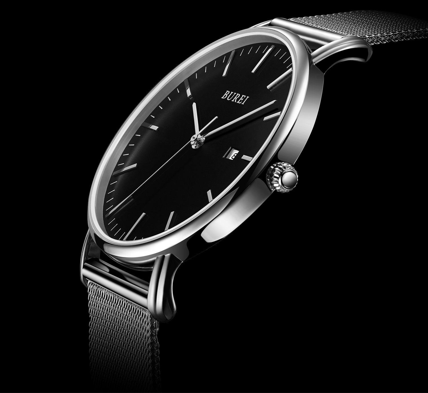 BUREI Men Black Dial Silver Mesh Band Watches Minimalist Analog Quartz Watches for Men Gifts for Men