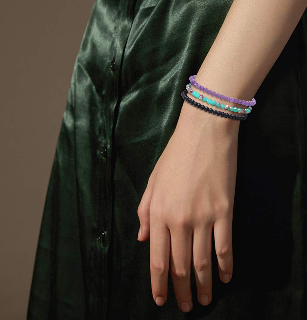 CASDAN 10 Pcs 4MM Mini Semi Precious Gemstone Energy Bracelets for Women Tiny Bracelet Stone Statement Bracelet Charm Beaded Couples Bracelets