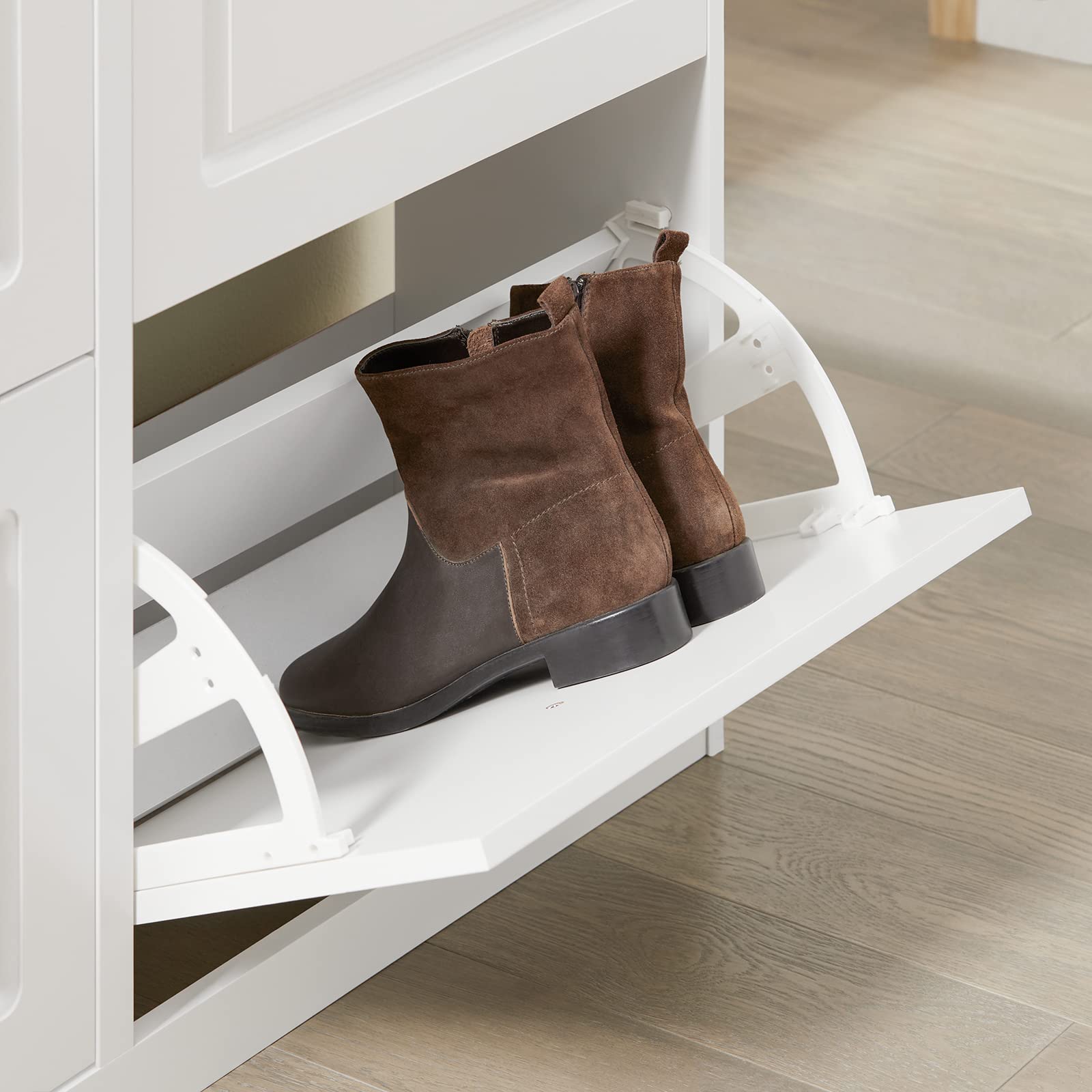 Haotian White Shoe Cabinet with 4 Flip Drawers, Large Freestanding Shoe Rack, Modern Shoe Organizer for Entryway, Hallway, Entance FSR79-W