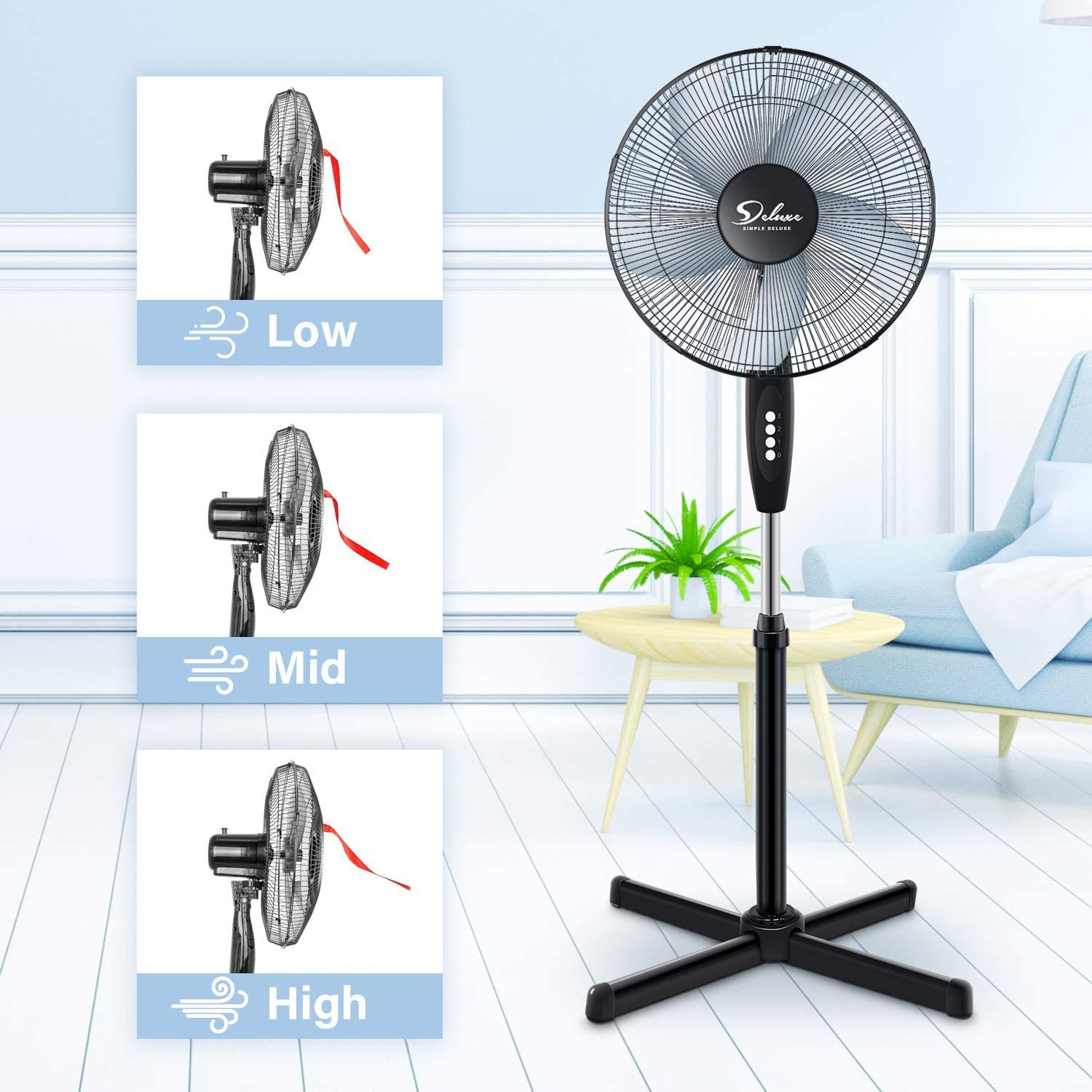 HealSmart Oscillating 16″ 3 Adjustable Speed Pedestal Stand Fan for Indoor, Bedroom, Living Room, Home Office & College Dorm Use, 16 Inch, Black
