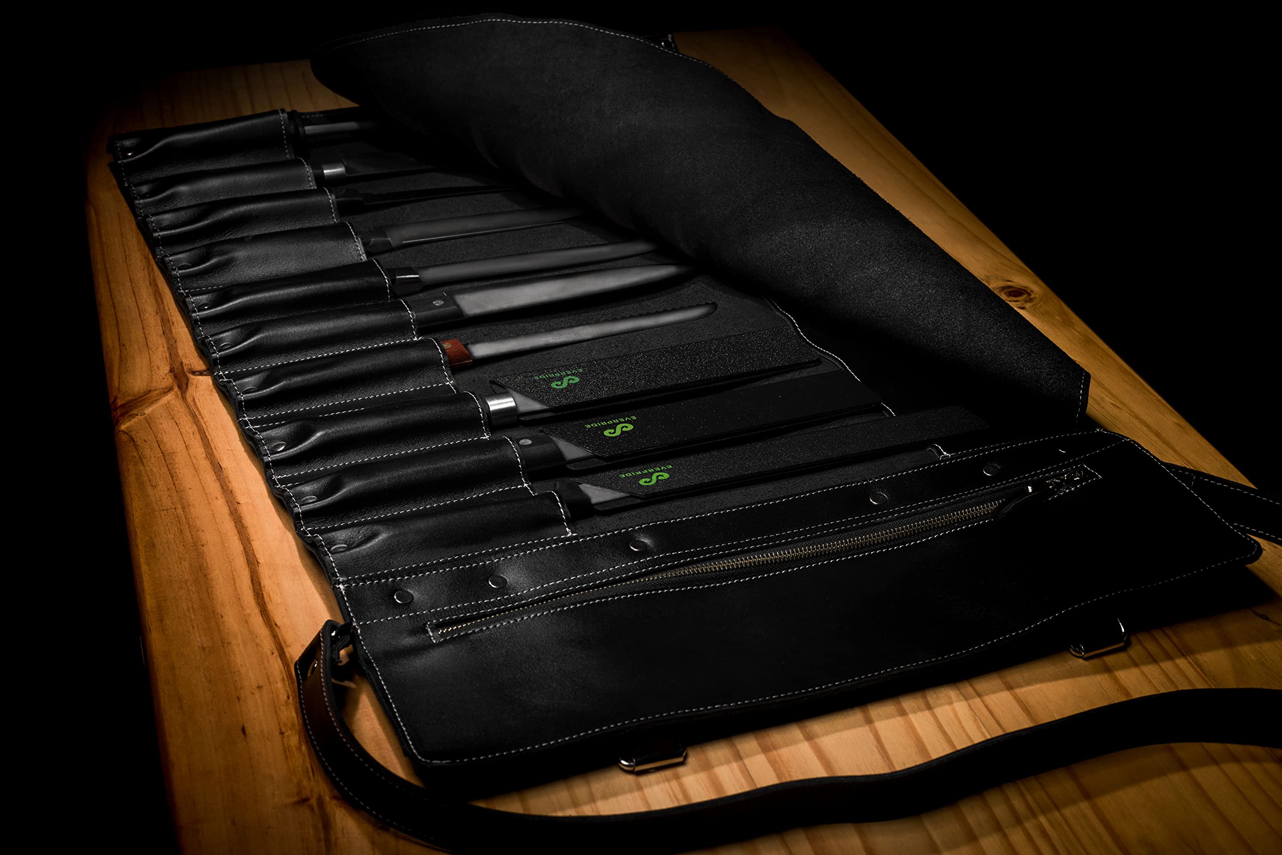 EVERPRIDE Chef Knife Roll Bag Made of Genuine Top Grain Leather β Knife Bag Holds 10 Knives up to 18β PLUS Zippered Compartment for Cooking Accessories β Knives Not Included