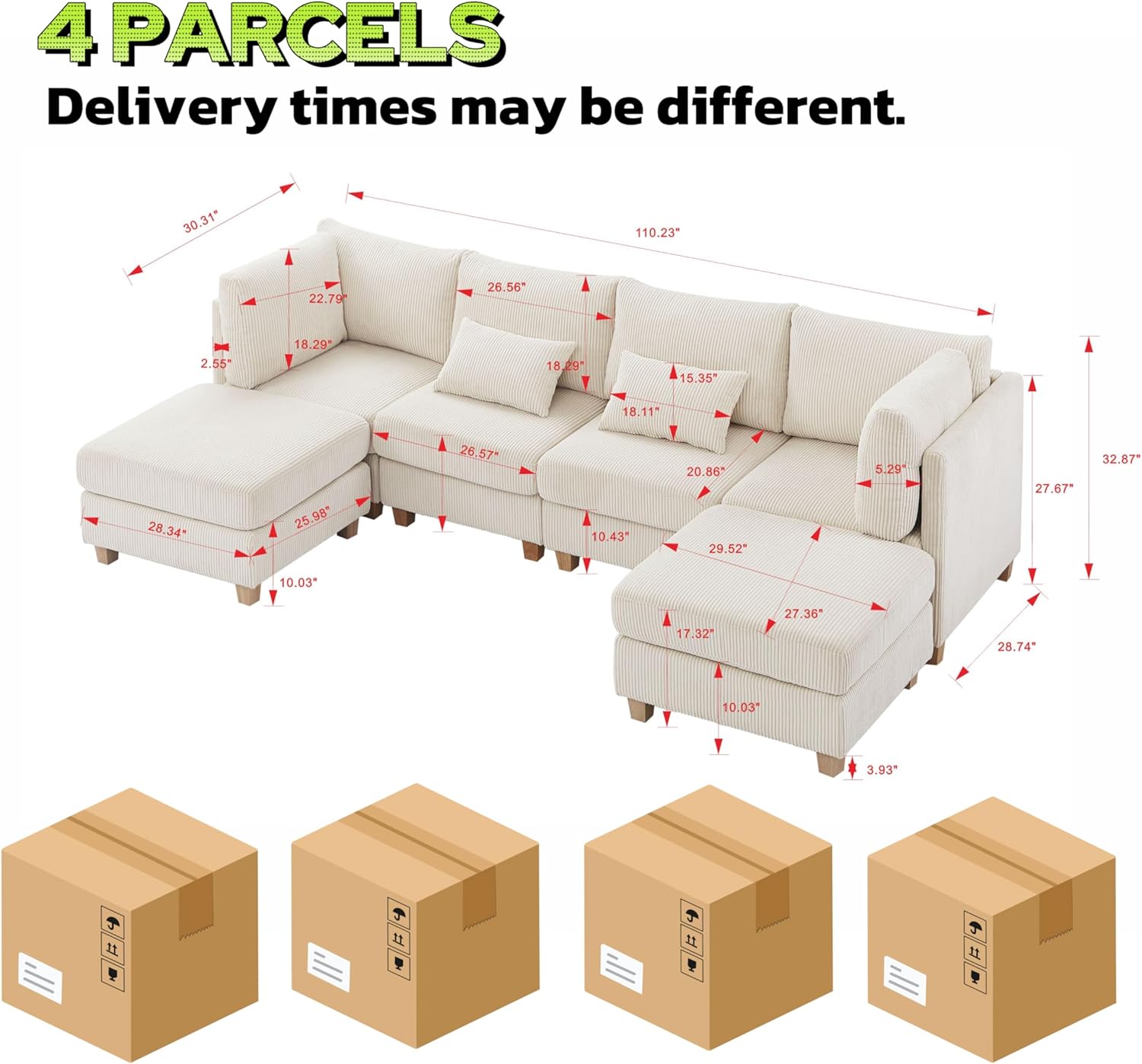 Dagniwak Convertible Sectional Sofa,U-Shaped Couch,Freely Combinable Sofa Modules, Corduroy Fabric, with High Supportive and Soft Sponges, for Living Rooms, Apartments and Offices (Beige)