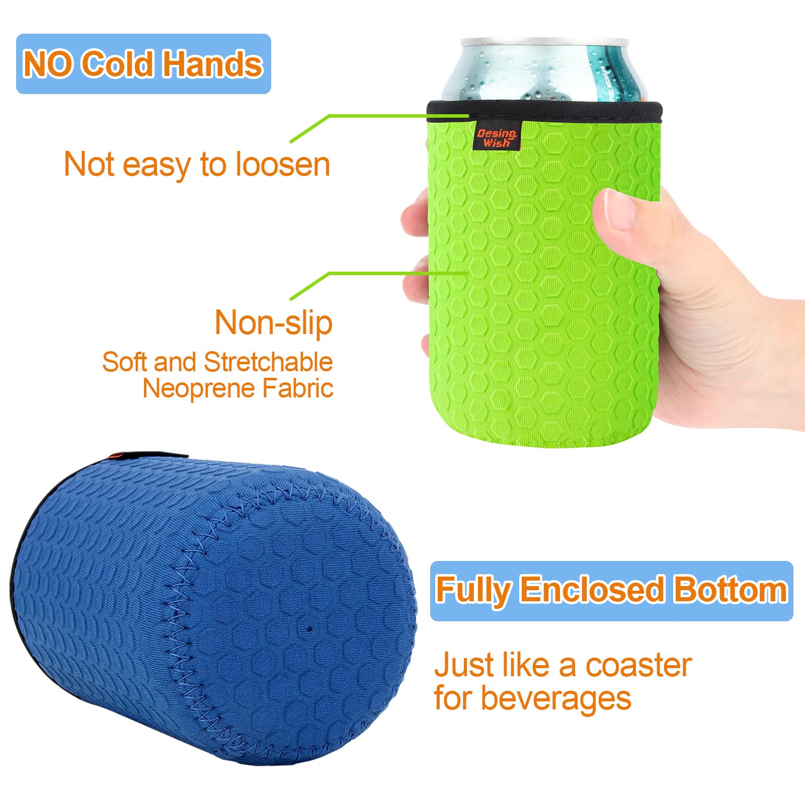 Desing Wish 12oz Standard Can Cooler Sleeve Holder Honeycomb Embossing Soda Can Cooler Insulated Sleeves Covers Non-slip Neoprene Drink Can/Bottle Holder 6 Pack (Black/Red/Blue/Orange/Green/Grey)