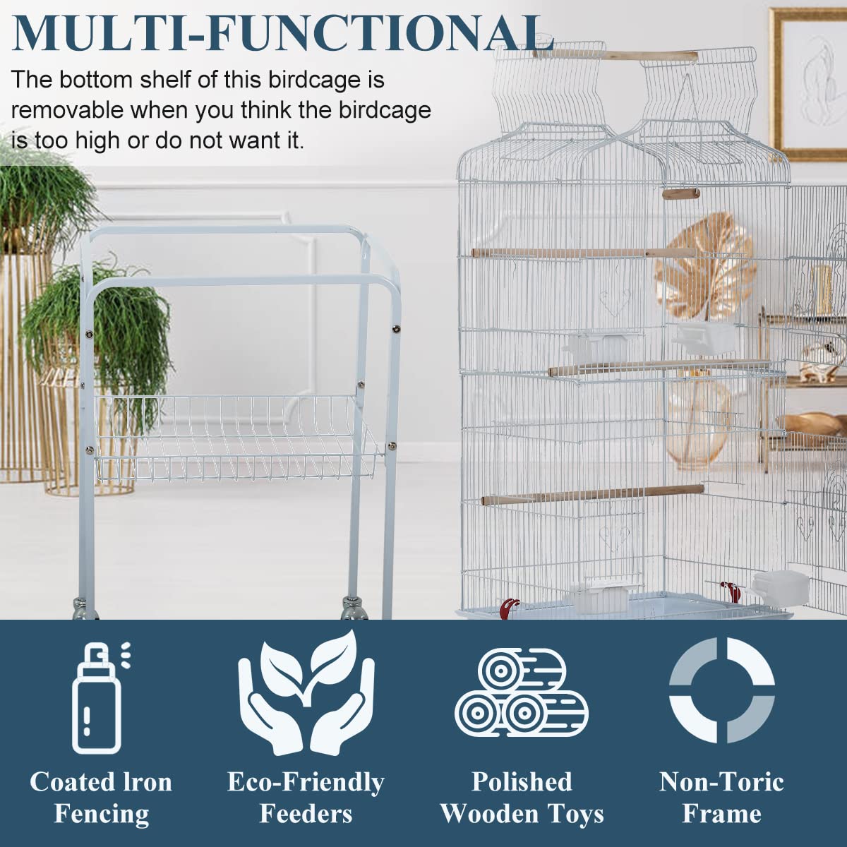 Bird Cages for Parakeets Cockatiels Lovebirds Macaw Conure, Large 64 Inch Open Top Parakeet Cage with Stand & Storage Shelf, White Wrought Iron Flight Pet House
