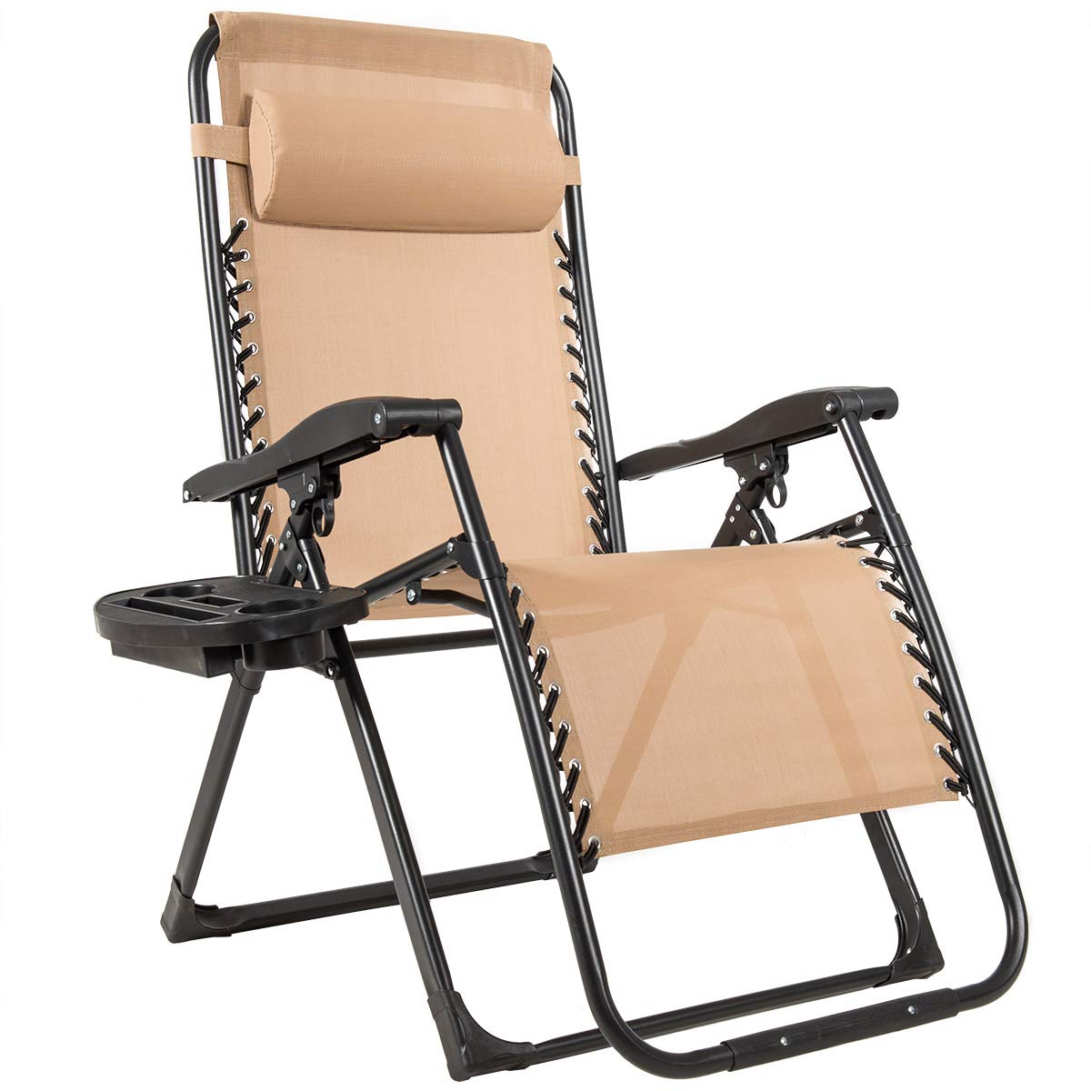 Goplus Zero Gravity Chairs, X-Large Outdoor Lounge Lawn Chair with Cup Holder & Detachable Headrest, Adjustable Folding Patio Recliner for Pool Porch Deck Oversize (Beige)