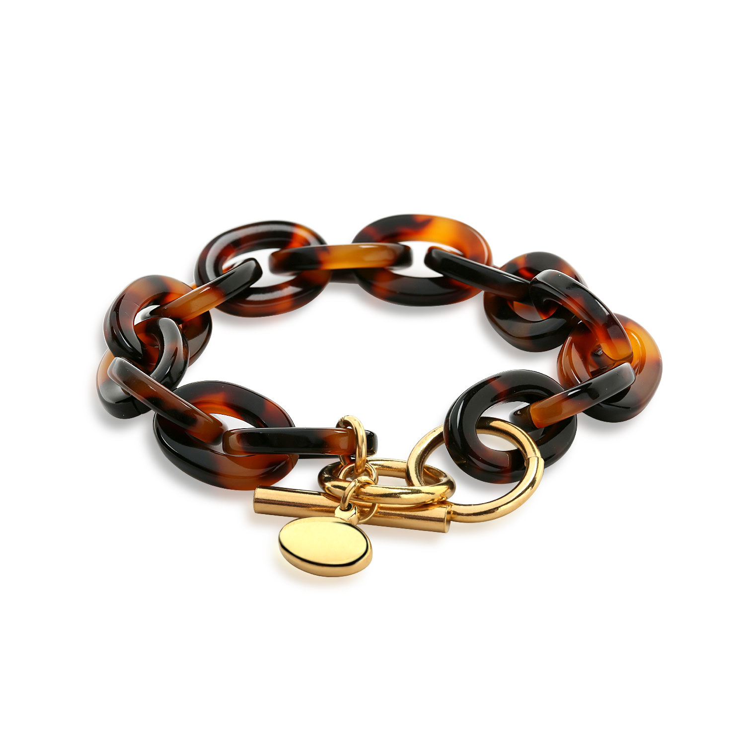 Bling Jewelry Fashion Statement Brown Golden Acrylic Marbled Leopard Tortoise Shell Oval Chain Link Bracelet for Women Teen Yellow Gold Plated Stainless Steel Adjustable Toggle Closure