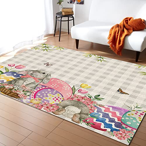 Easter Area Rugs for Living Room/Bedrooom, 2'x3' Area Rug Non-Slip, Cute Bunny Eggs Spring Floral Tulip Botanical Grey Plaid Kids Room Area Rug Washable Accent Floor Carpet Runner Indoor Outdoor