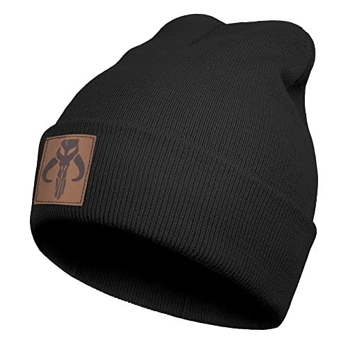 Birsppy Warm Cuffed Beanie Hats for Men Women Skull Leather Patch Winter Hat Soft Ski Knit hat Black