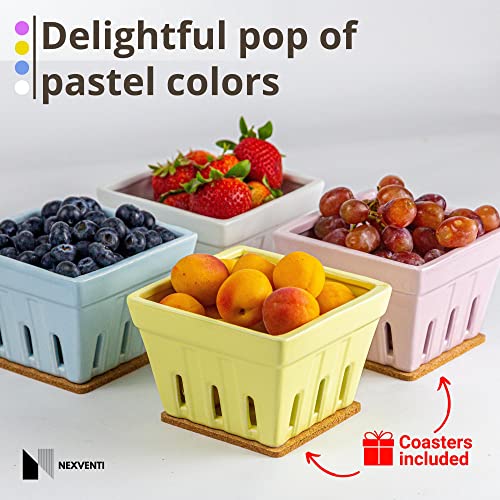 NEXVENTI Ceramic Berry Basket Bowl (Set of 4) | Strawberry Fruit Containers for Fridge | Square Fruit Bowl Farmers Market Harvest Basket | Berry Colander Glass Keeper Stoneware Kitchen Décor (Combi 2)