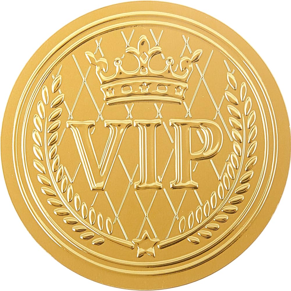 CRASPIRE 2 Inch Gold Embossed Envelope Seals Stickers VIP Crown 100pcs Adhesive Embossed Foil Seals Stickers Label for Wedding Invitations Gift Packaging