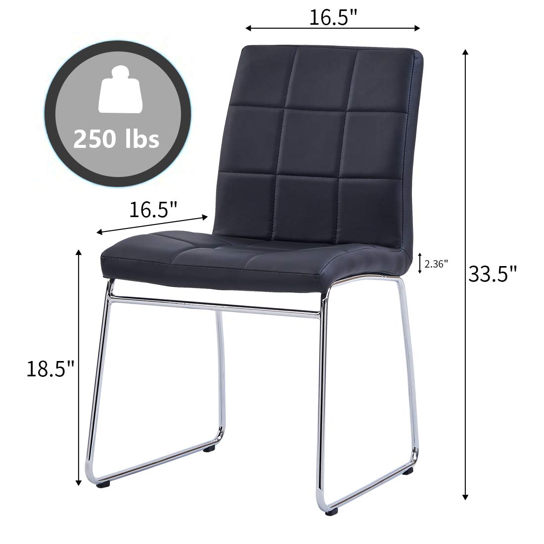 Black Dining Room Chairs Set of 2, Modern Accent Kitchen Chairs with Faux Leather Soft Padded Back in Checkered Pattern and Chrome Legs, Comfortable Side Chair for Indoor Use:Living Room Waiting Room