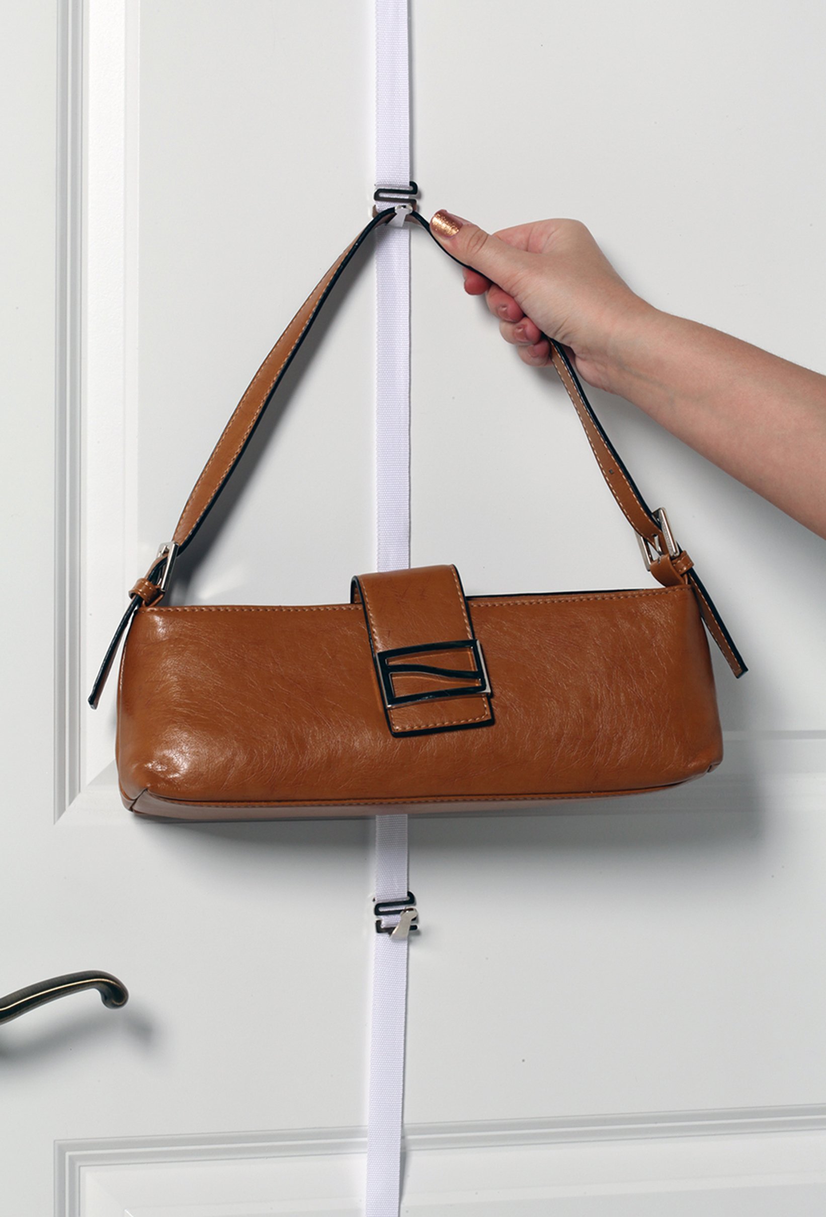 Jokari Heavy Duty Over The Door 16 Hook Purse Rack. Self Adjustable Elastic Straps with Moveable Metal Chrome Hooks to Store, Organize and Display Bags, Scarves or Hats and Save Closet Storage Space.