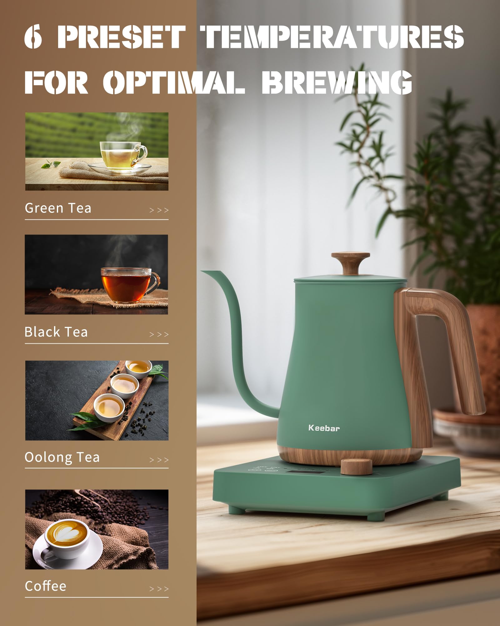 Electric Kettle, 1000W Quick Heating Gooseneck Kettles, 0.8L/27.05oz, 0.8mm Ultra-Fine Spout, Precise Water Flow Control, 304 Stainless Steel Inner, Auto Shut-Off, Boil Dry Protection, Matte Green
