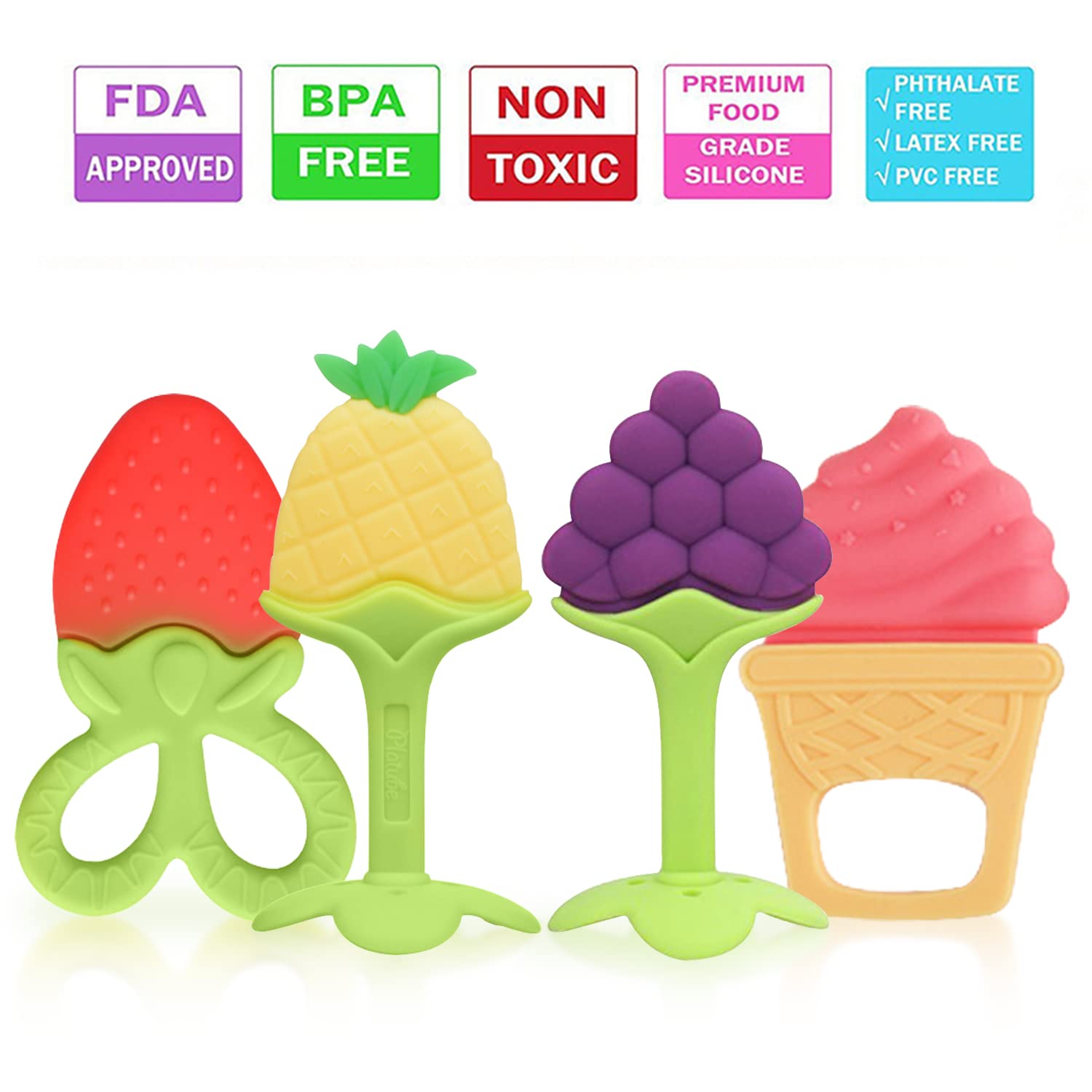 SLGOL Fruit Teething Toys for Babies 4 Pack, BPA Free Silicone Teethers for 3 Month+ Little Boy & Girl Cute Infant and Shower Gifts