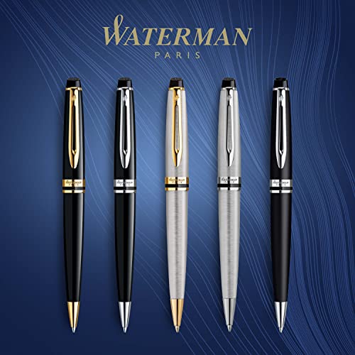 Waterman Expert Ballpoint Pen, Stainless Steel with 23k Gold Trim, Medium Point with Blue Ink Cartridge, Gift Box
