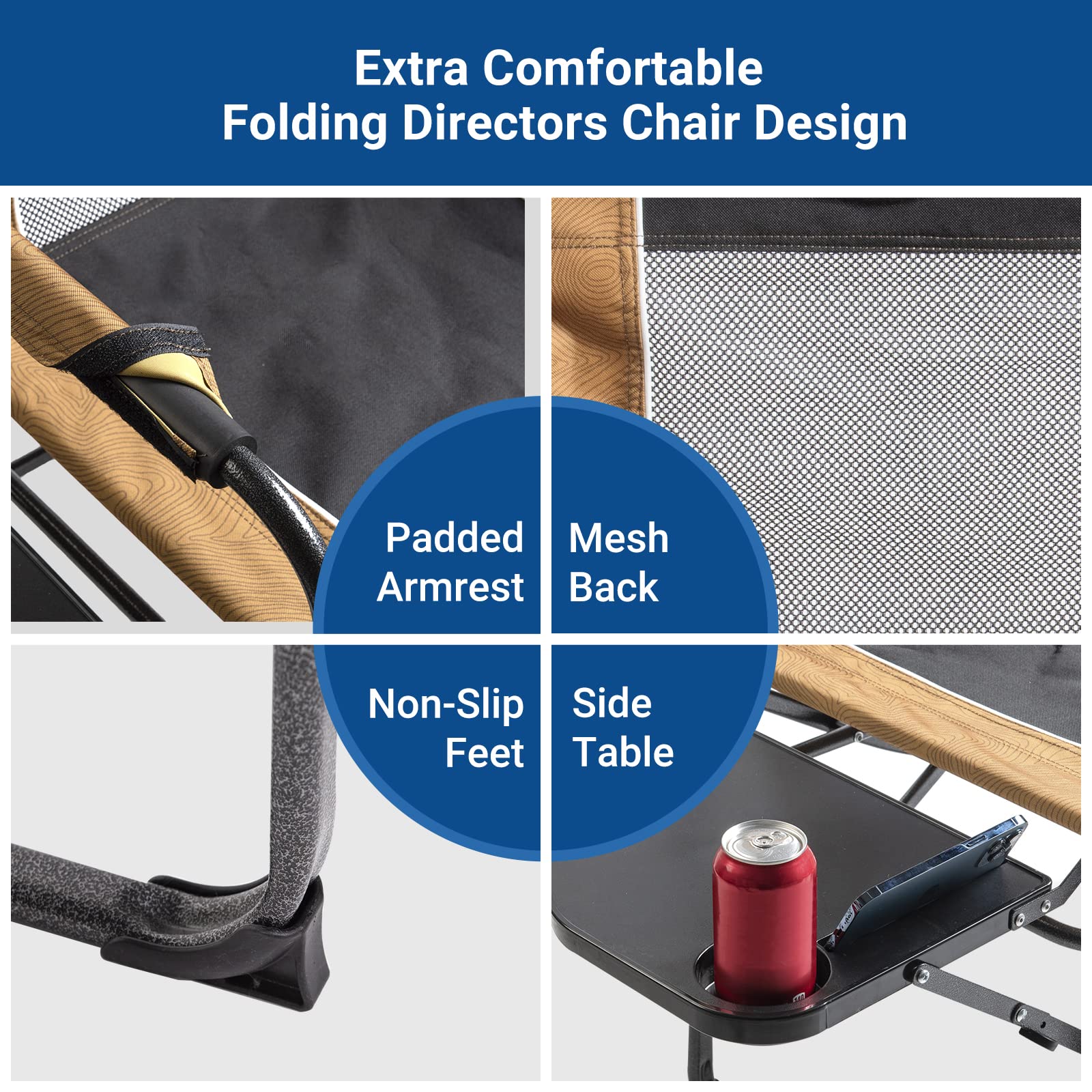 Coastrail Outdoor Directors Chair Extra Compact Folding Camping Chair with Large Side Table, Breathable Mesh Back, Cup & Phone Holder, Storage Pockets & Handle, Bonus Carry Bag,Khaki, X-Large