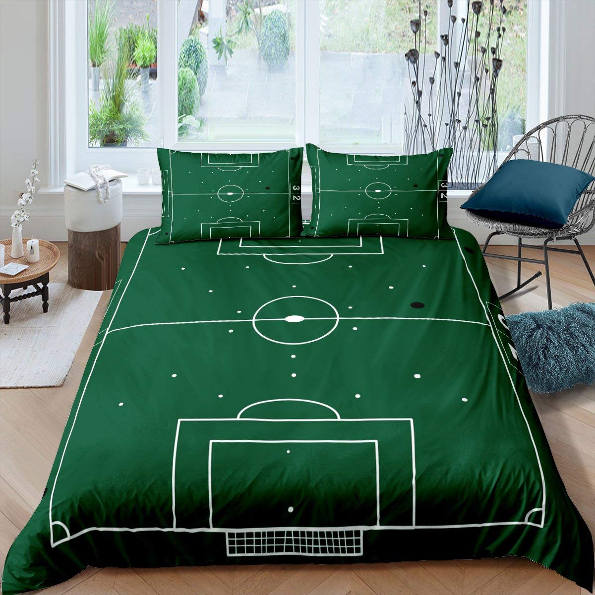 Football Field Duvet Cover Pitch Soccer Bedding Set Hand Drawn Sketch Comforter Cover For Kids Teen Boys Juvenile Summer Sports Games Bedspreads Cover Green Bed Decor With 2 Pillow Cases Queen Size