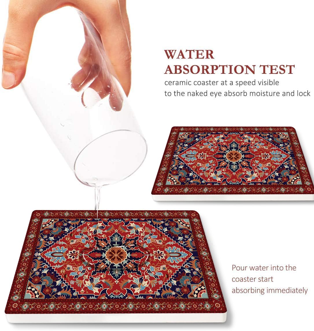 Bribay Coasters for Drinks Set of 6, Tribal Turkish Geometric Pattern Absorbent Square Ceramic Stone Mat, with Cork Base and Metal Holder, Gift for Housewarming Room Bar Decor