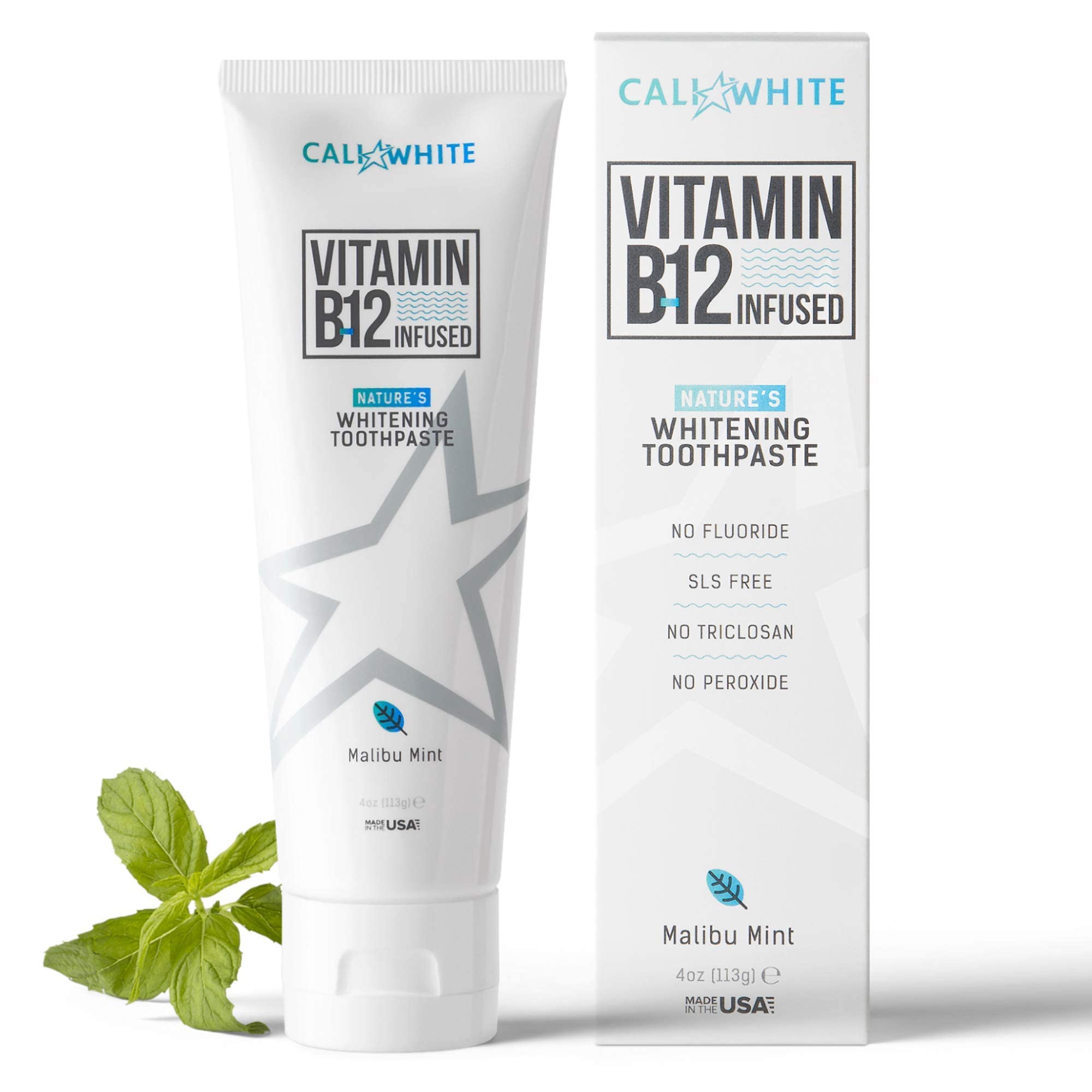 Cali White Flouride Free Natural Whitening Toothpaste, Infused with Vitamin B12 Teeth Whitening Toothpaste, Vegan Toothpaste, Triclosan Free, Peroxide Free, SLS Free, Pacific Mint, 4 Ounce (1 Pack)