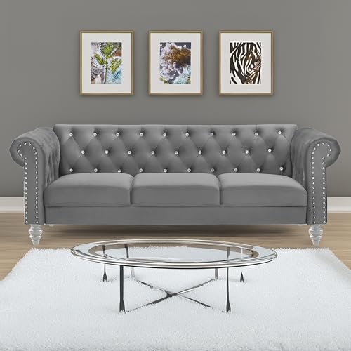 New Classic Furniture Glam Emma Velvet Three Seater Chesterfield Style Sofa for Small Spaces with Crystal Button Tufts, Gray