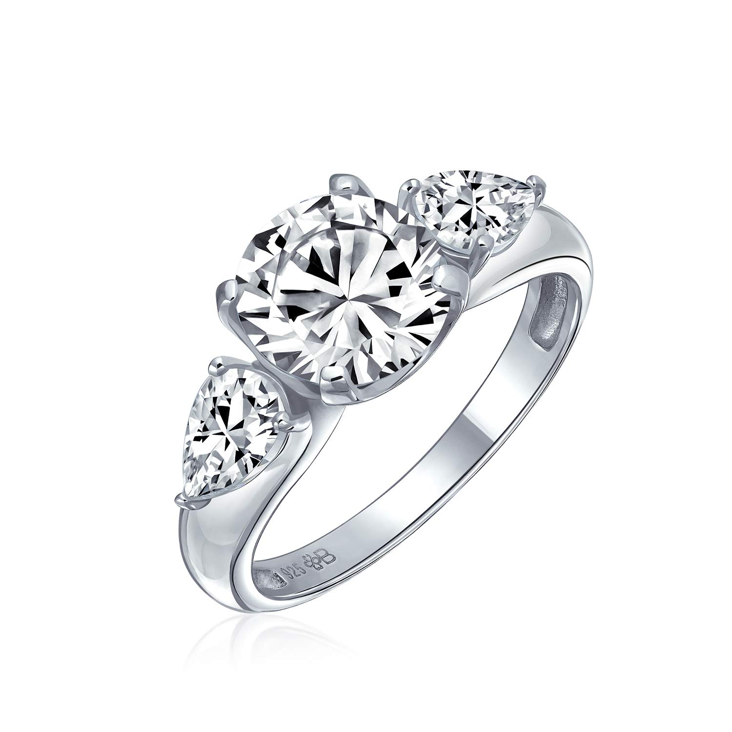 Bling Jewelry Personalize Timeless 3CT AAA CZ Trillion Side Stones Promise Cubic Zirconia Brilliant Cut Solitaire Round Engagement Ring For Women .925 Sterling Silver Customizable