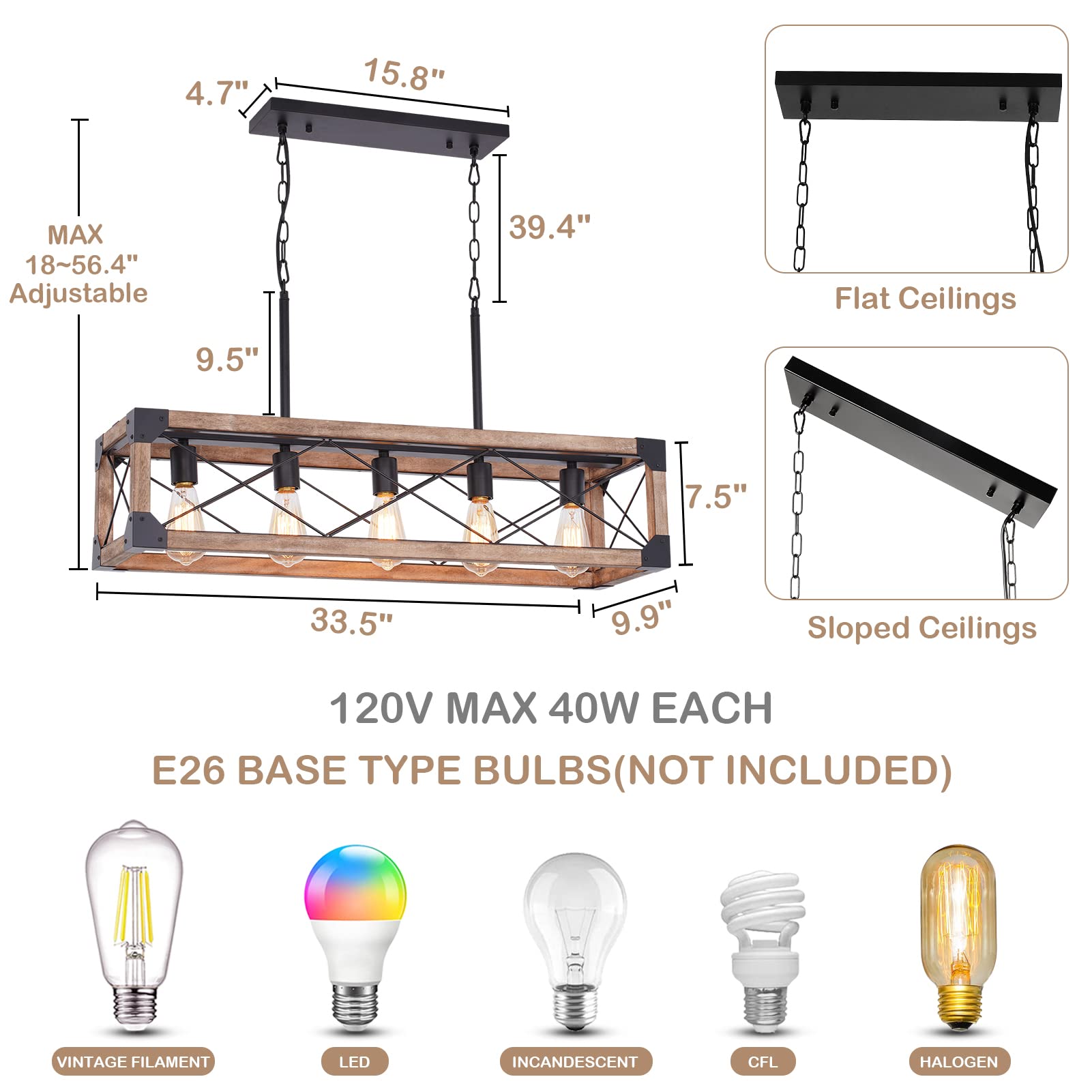 Bribyit Farmhouse Kitchen Island Lighting, 5-Light Dining Room Light Fixture, Farmhouse Linear Chandelier with Solid Wood for Dining Room Kitchen Bar Pool Table