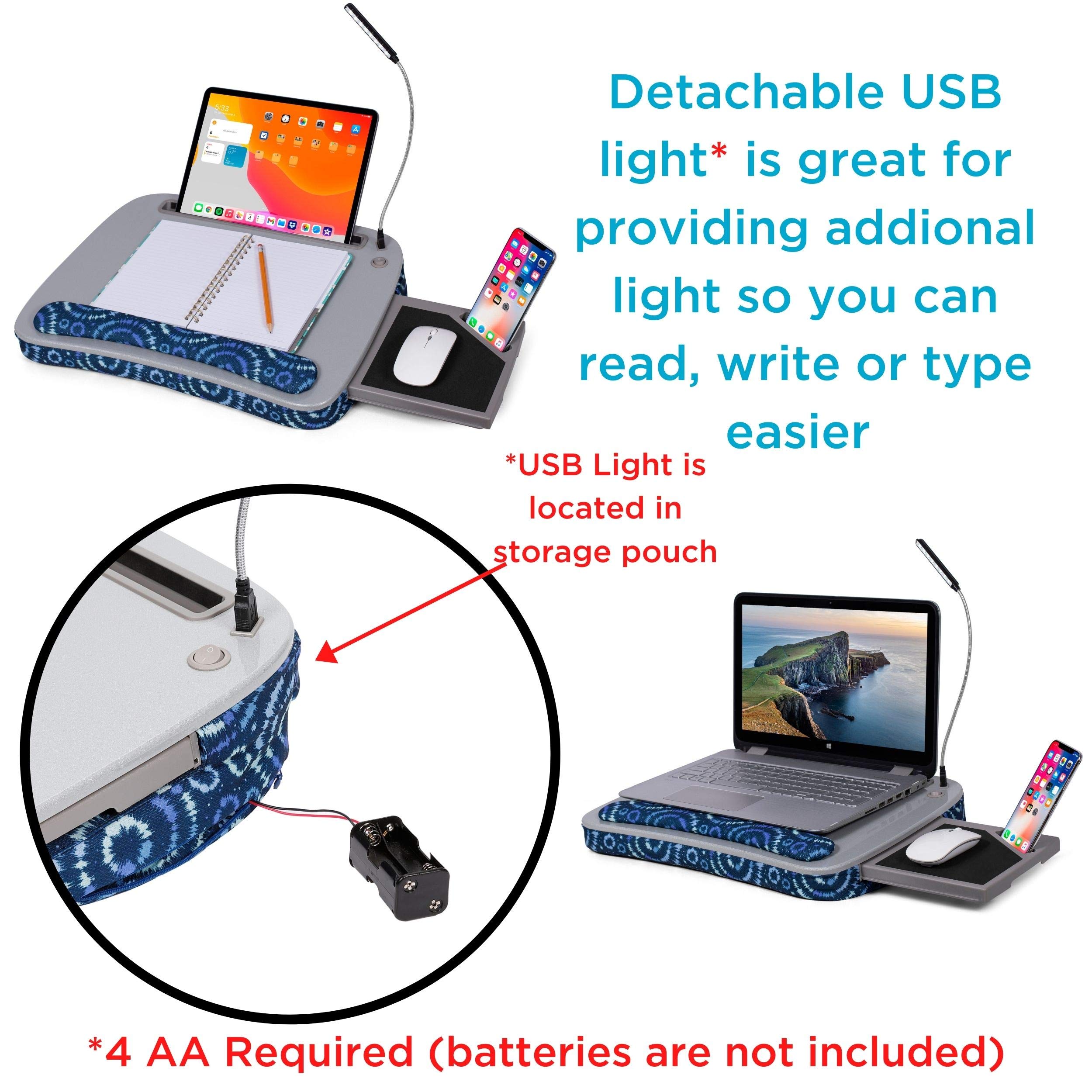 BIRDROCK HOME Deluxe Lap Desk with Pillow Cushion and Wrist Rest | USB Light and Mouse Pad | Fits Laptops Up to 15" | Tablets Up to 9.6" | Blue Tiedye Sunburst Pattern | Laptop Stand Accessories