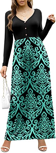 GRECERELLE Women's Long Sleeve Casual V Neck Plain Floral Print Maxi Dresses with Pockets Long Dress
