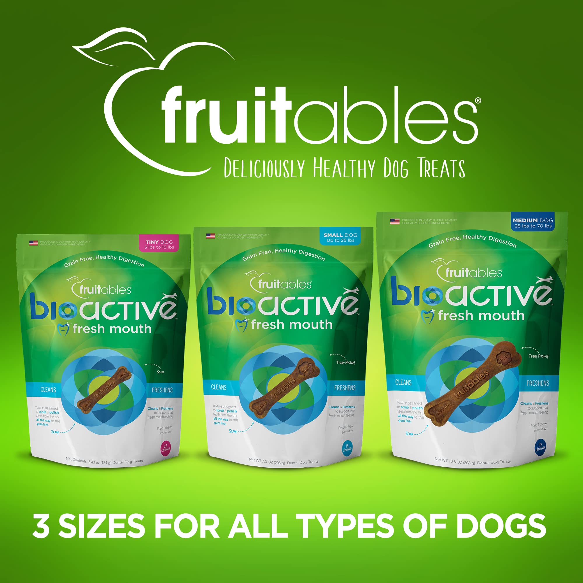 Fruitables Bioactive Dental Chews | Gluten and Grain-free Dental Treat | Superfood Formulated | Medium Dogs | 10 count