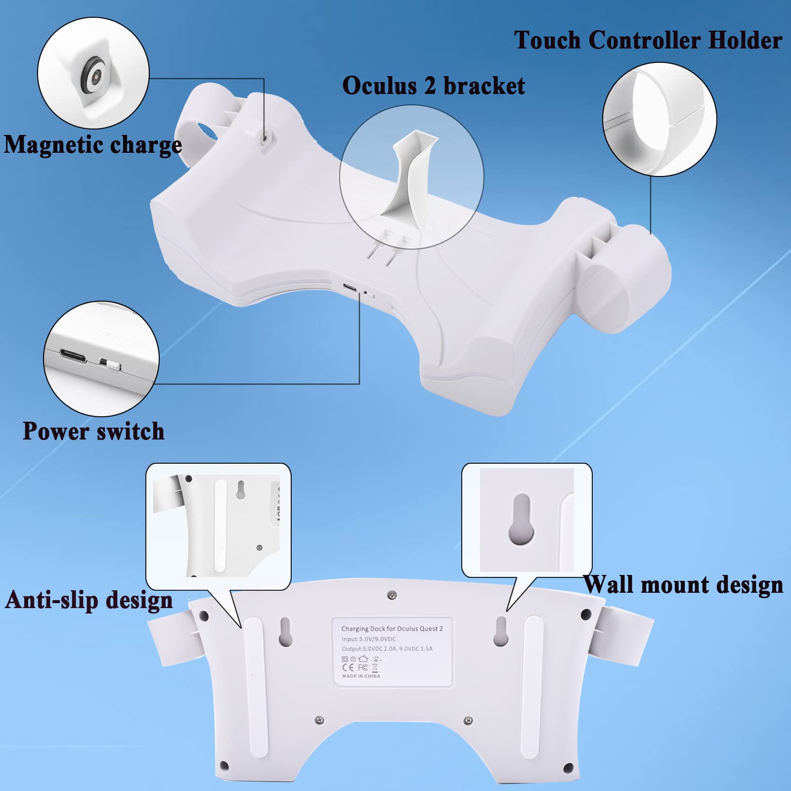 Charging Dock for Oculus Quest 2, arVin Fast Charging Oculus Quest 2 Stand with LED Light & USB-C Charge Cable for Meta Quest 2 Accessories, Support Wall Mount, Desk Mount & Store 2 Touch Controller