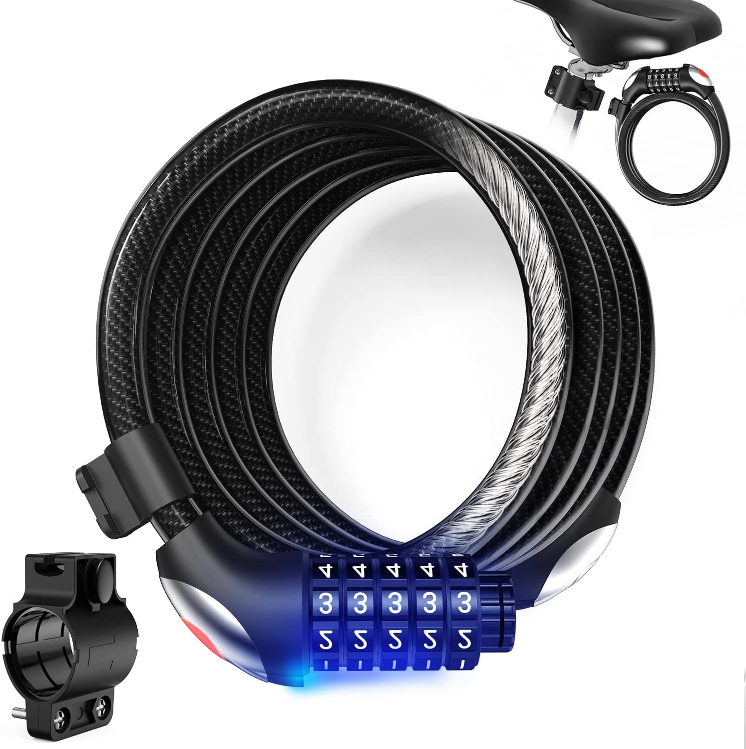 Bike Lock Cable Locks Sportneer - 6 Feet High Security 5-Digit Resettable Bicycle Combination Lock with Light for Night Unlocking, Scooter Lock with Mounting Bracket for Bikes(Thickened Version)