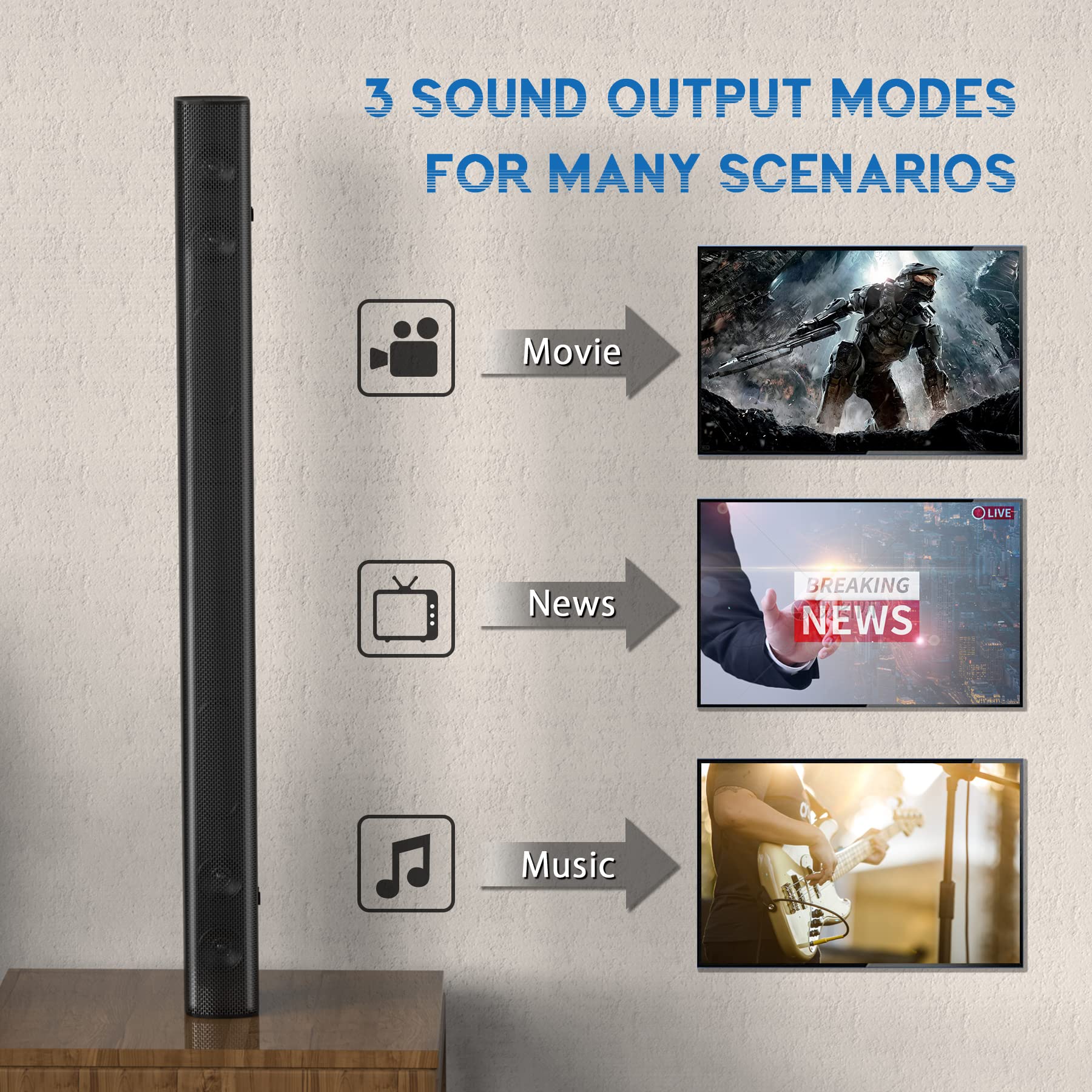 SAKOBS Sound Bars for TV, Three Equalizer Mode Audio Speaker for TV with Built-in 4 Speakers, 37 Inch Wired & Wireless Stereo Soundbar, Optical/Aux/RCA Connection, Remote Control