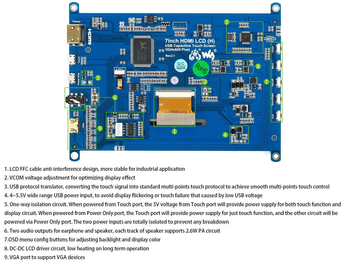 for Raspberry Pi 7inch HDMI LCD (H), 7" 1024x600 Capacitive Touch Screen IPS Display Monitor HDMI / VGA Port, for Raspberry Pi 4B/3B+/3B/2B/A+/Zero W/WH/ Jetson Nano/Banana Pi /Windows 10/8.1/8/7