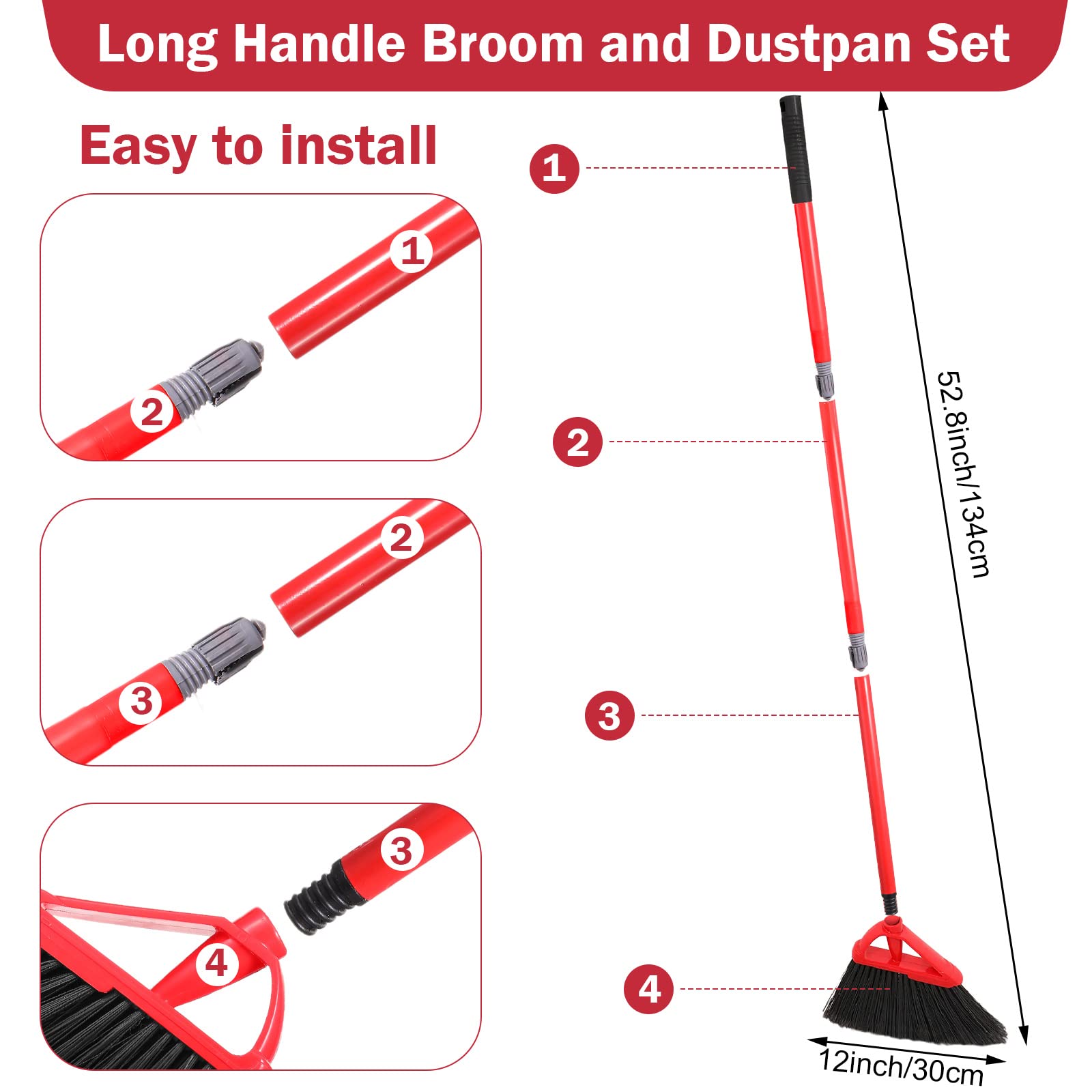 Gerrii 5 Set Broom and Dustpan Combo Set 52.8 Inch Height Broom and Dustpan Set for Home Angle Kitchen Broom Dustpan Cleaning Set for Indoor Kitchen Lobby Office Garage Floor Sweeping