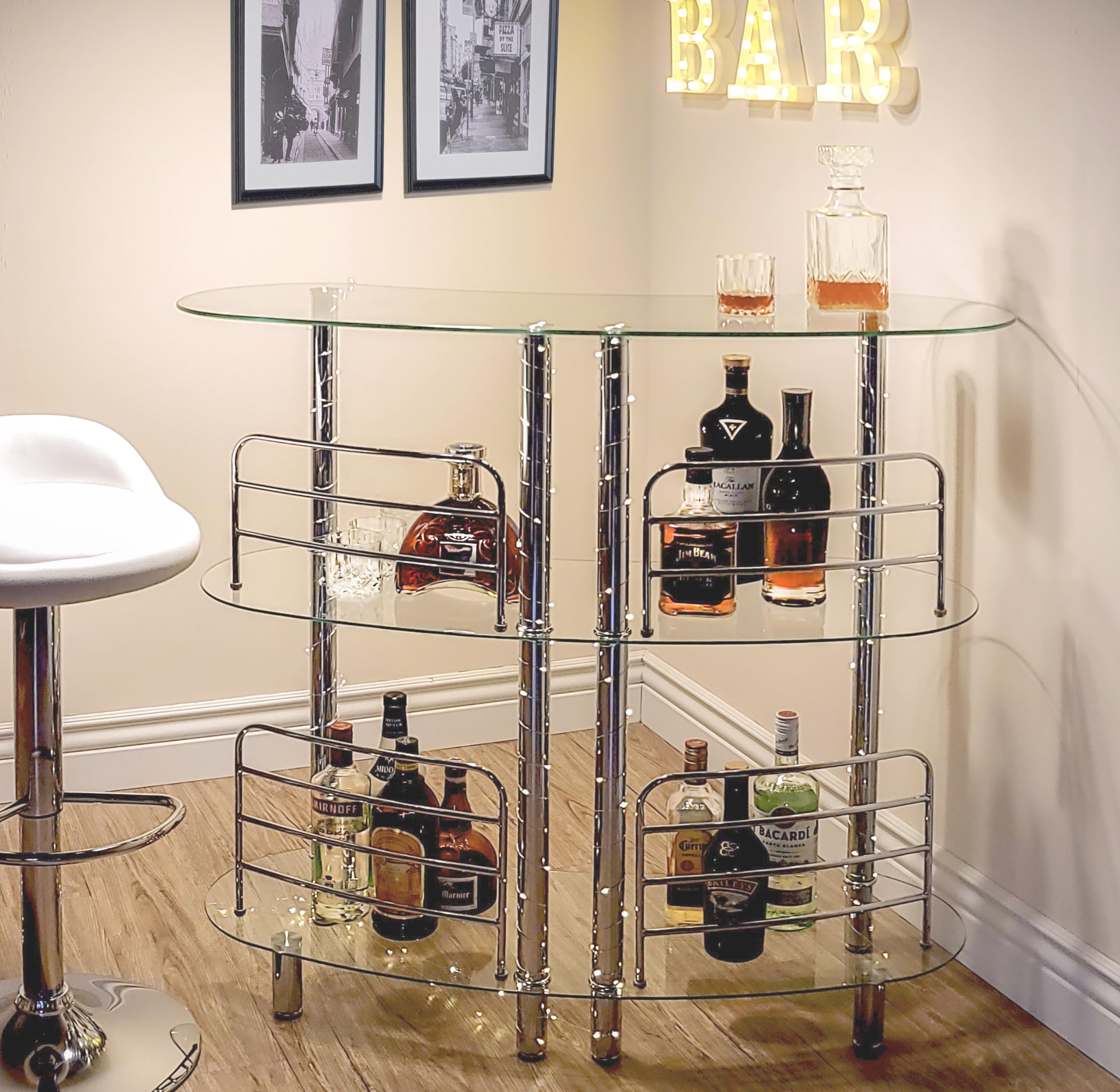 Mango Steam Bar Table for Home - Contemporary Modern Home Bar Unit, Liquor Bar with 2-Tier Storage Shelves, Durable Liquor Bar for Parties & Gatherings, 47" L x 13.6" D x 41" H - Clear
