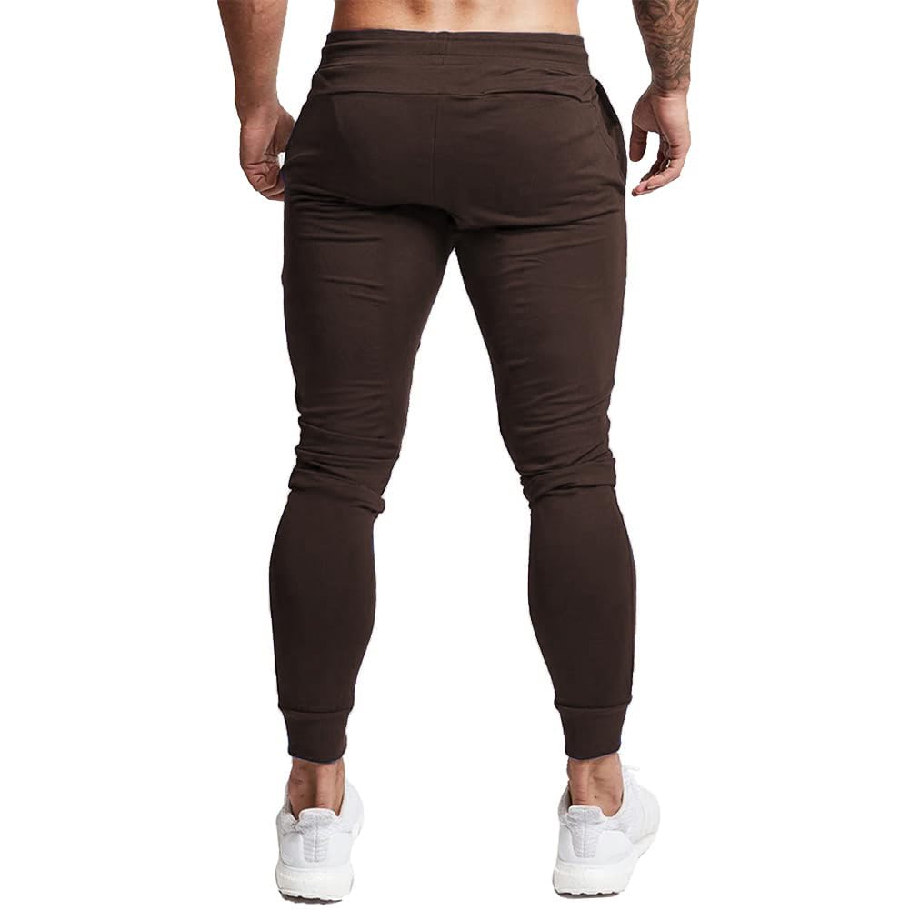 BUXKR Men's Slim Joggers Workout Pants for Gym Running and Bodybuilding Athletic Bottom Sweatpants with Deep Pockets,Brown,S