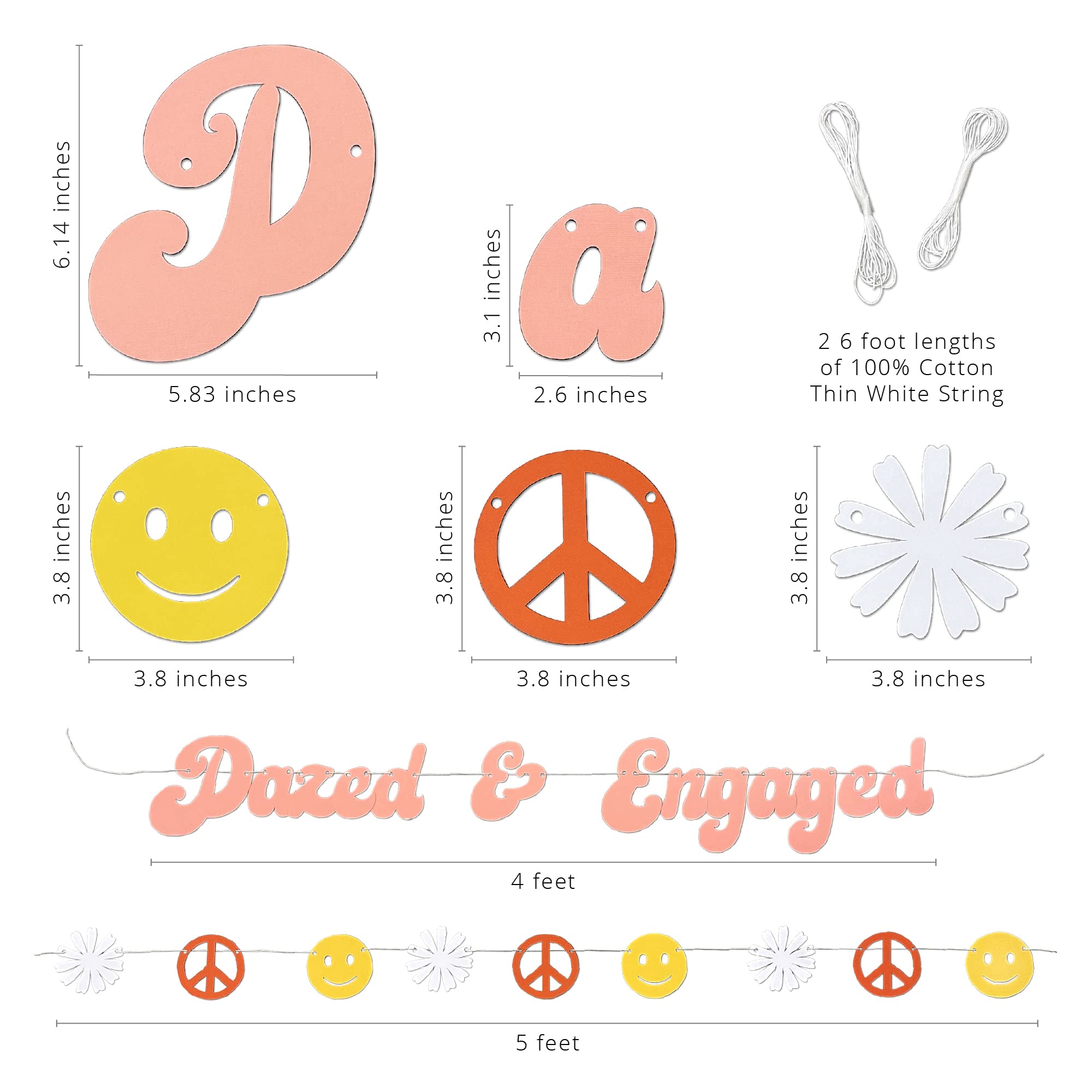 Dazed and Engaged Bachelorette Decorations Bundle with Dazed & Engaged Confused Banner and Groovy Retro Hippie Daisy, Peace Sign, and Smiley Face Garland - 24 piece set