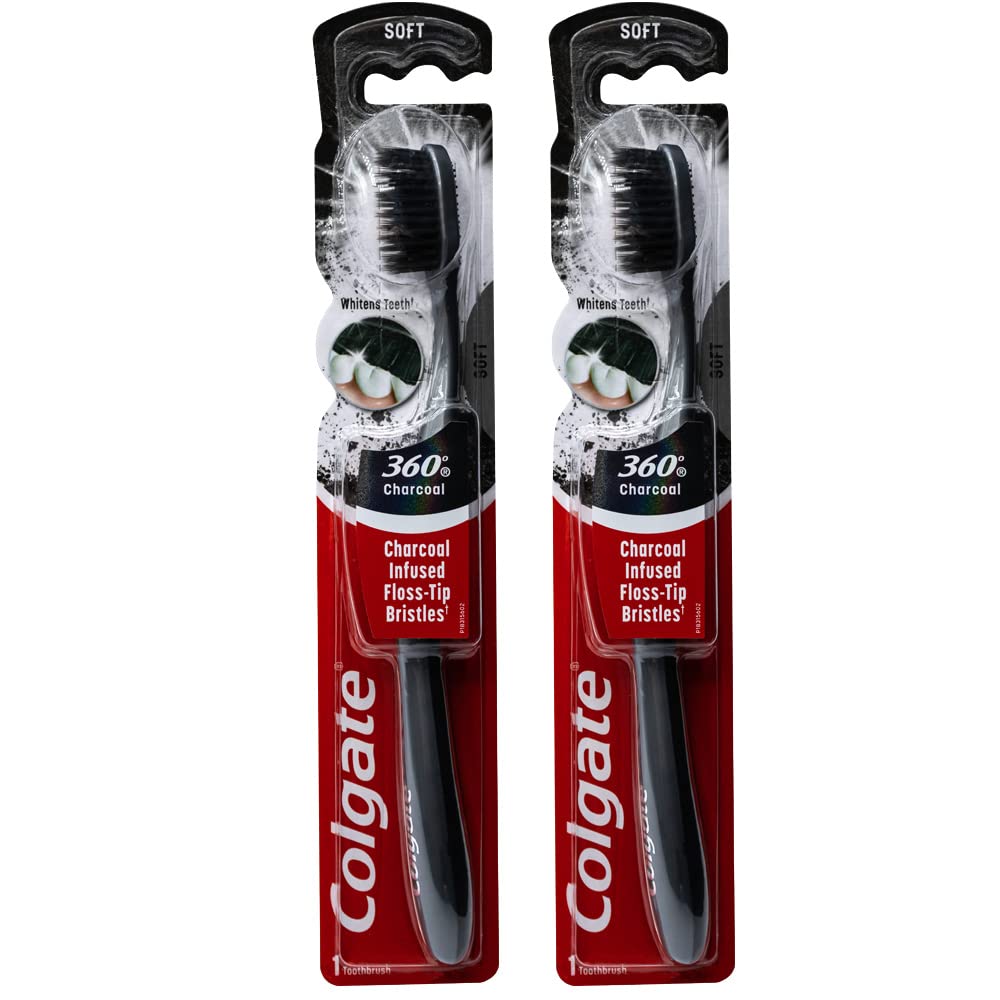 Colgate 360 Charcoal Infused Toothbrush, Floss-Tip Bristles, Soft (Colors Vary) - Pack of 2