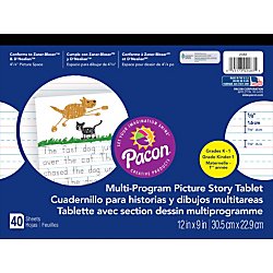 Pacon Handwriting Paper, D'Nealian Grade K / Zaner-Bloser Grade 1, 5/8" x 5/16" x 5/16" Ruled & 4-1/4" Picture Story Space 12" x 9", Ruled Long, 40 Sheets
