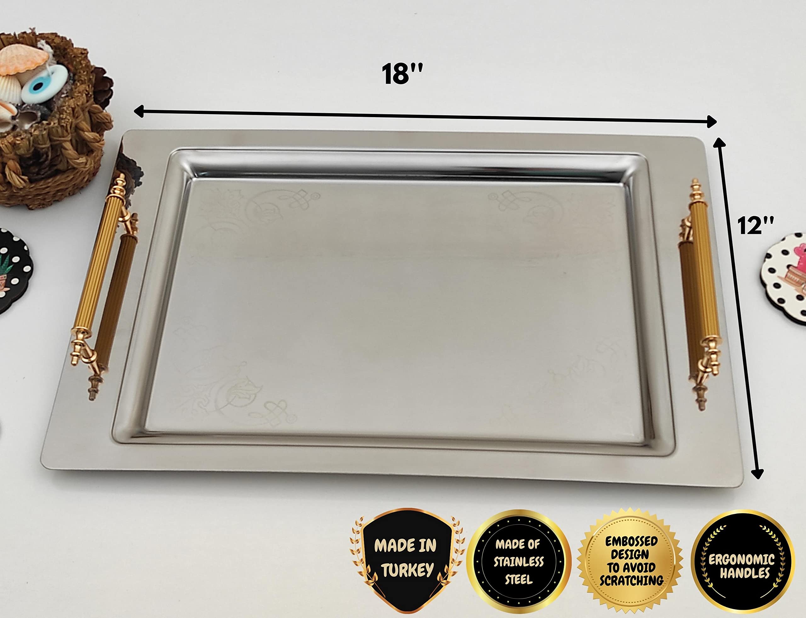Candymosa Silver Serving Tray with Handles (18βx12β) - Stainless Steel Serving Tray for Drinks and Food - Silver Tray Decorative - Ideal as a Coffee Tray, Bar Tray, Silver Platter or Turkish Tray