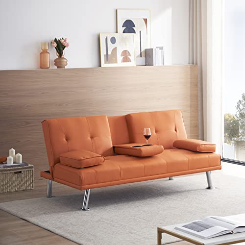 Foldable Futon Sofa Loveseat Convertible Sleeper Couch Bed for Small Space Apartment Office Living Room Furniture Sets with 2 Cup Holders, Tufted Back & Seat Orange PU Leather 67" W