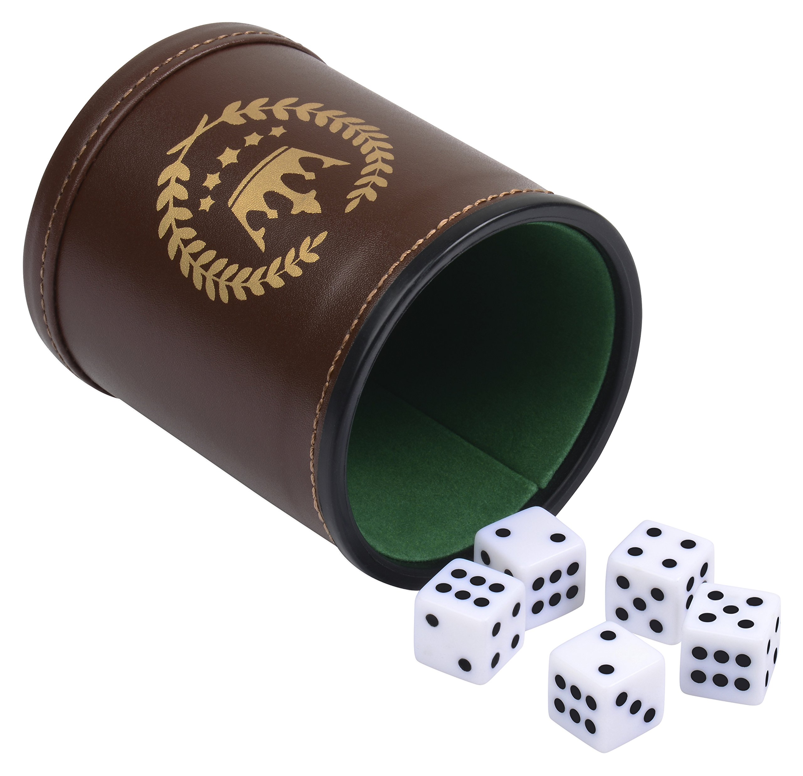 Park City Games Professional Casino 5 pc Dice Cup Set PU Brown Leather Green Velvet Lined Includes 5 White Six-Sided Dice