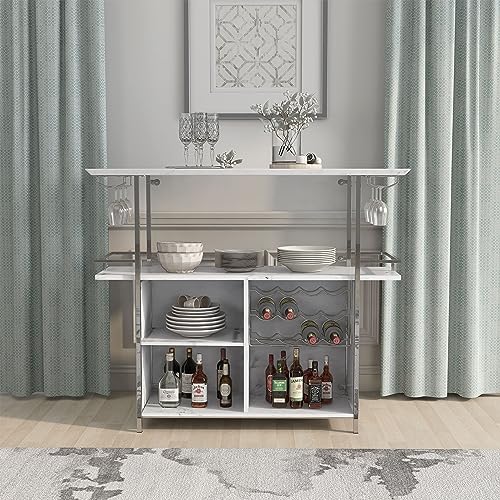 Furniture of America Linda Glam Faux Marble Multi-Storage Bar Table with Comfortable Footrest for Dining Room, Kitchen, White and Chrome
